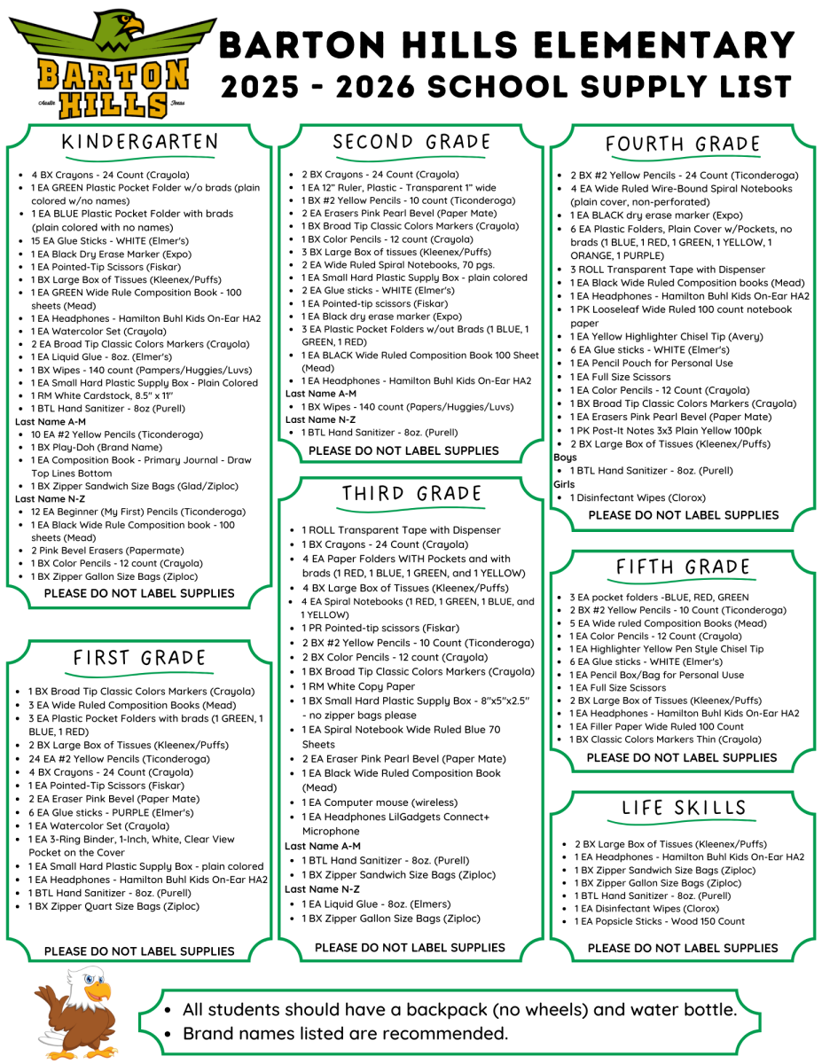 2025-2026 BHE School Supply Lists | Barton Hills Elementary School